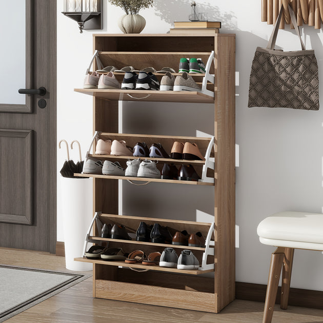 Contemporary 3-Drawer 3-Tier Shoe Cabinet with Hooks - Freestanding En ...
